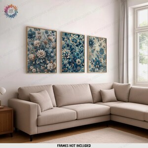 Blue Indian Floral Print Set - 3 Posters | Flower Wall Art | Vintage ...
