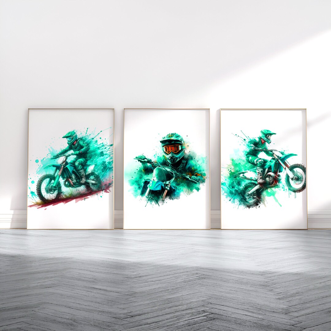 Motocross Poster Prints - Turquoise Set of 3 Watercolour Dirt Bikes ...
