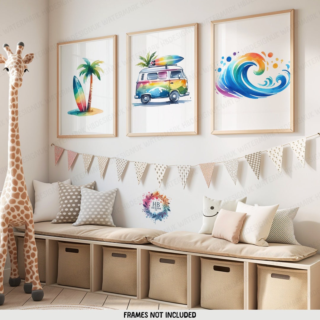 Colourful Surfing Print Set 3 Posters Surfer Wall Art Kids Surf Nursery ...