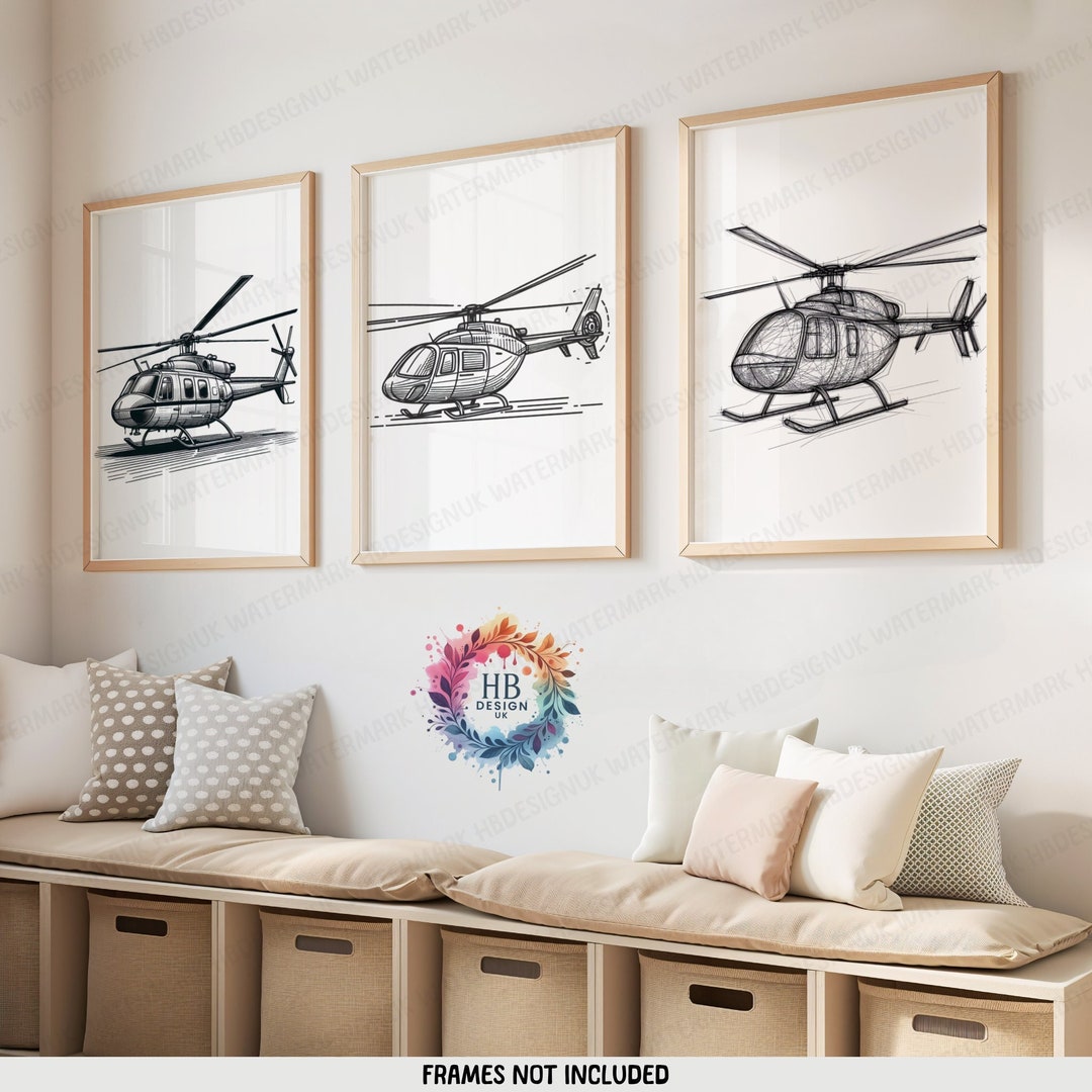 Minimalist Helicopter Prints - Set of 3 Posters | Boys Bedroom Decor ...