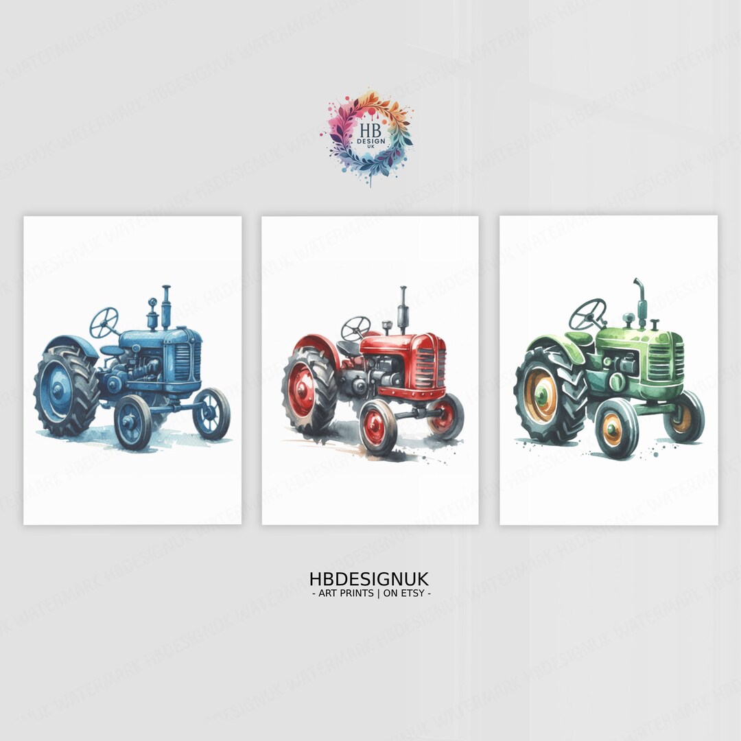 Kids Tractor Print Set - 3 Colourful Posters | Boys Bedroom Artwork ...