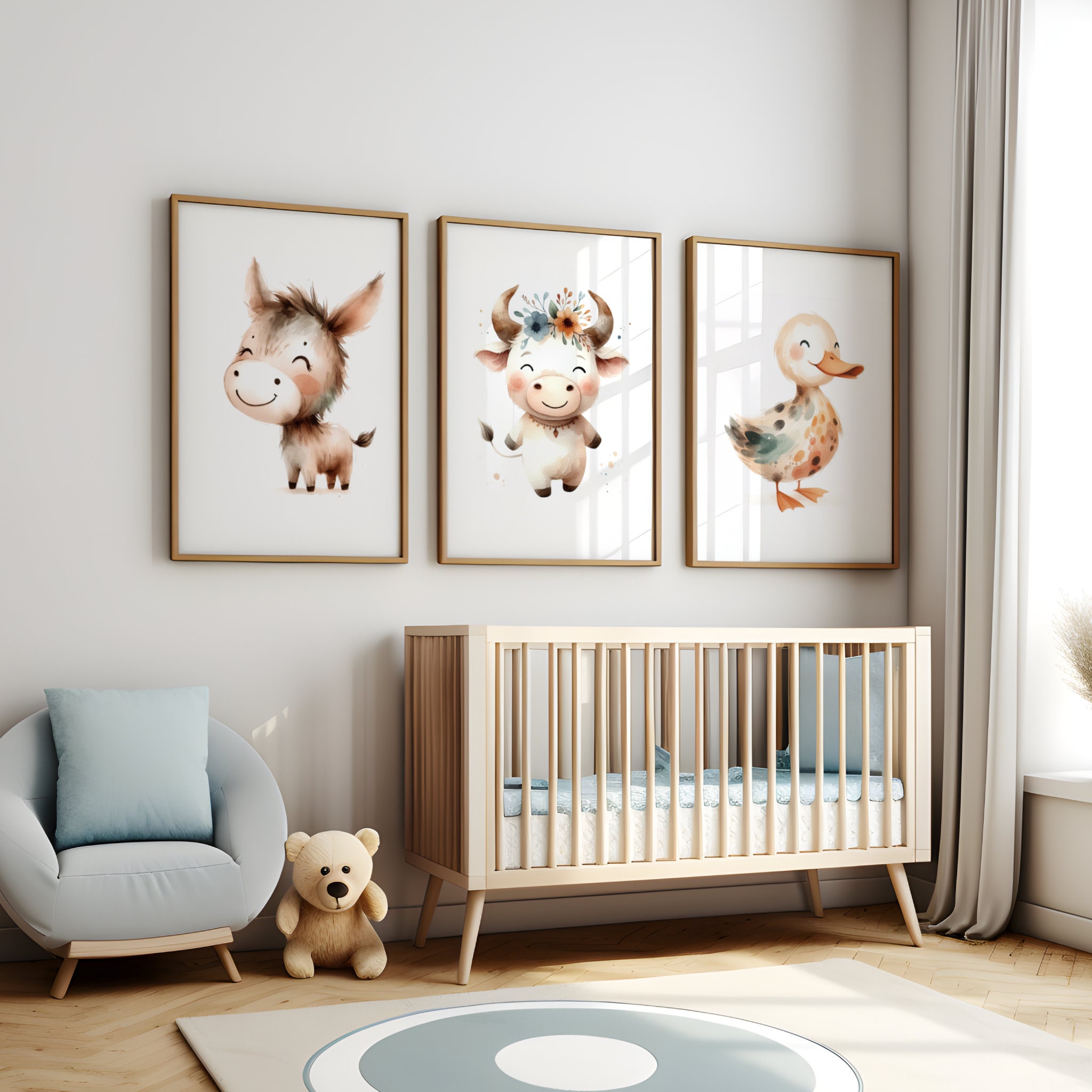 Nursery Farm Animal Decor Set of 3 Posters Kids Bedroom Wall Art ...