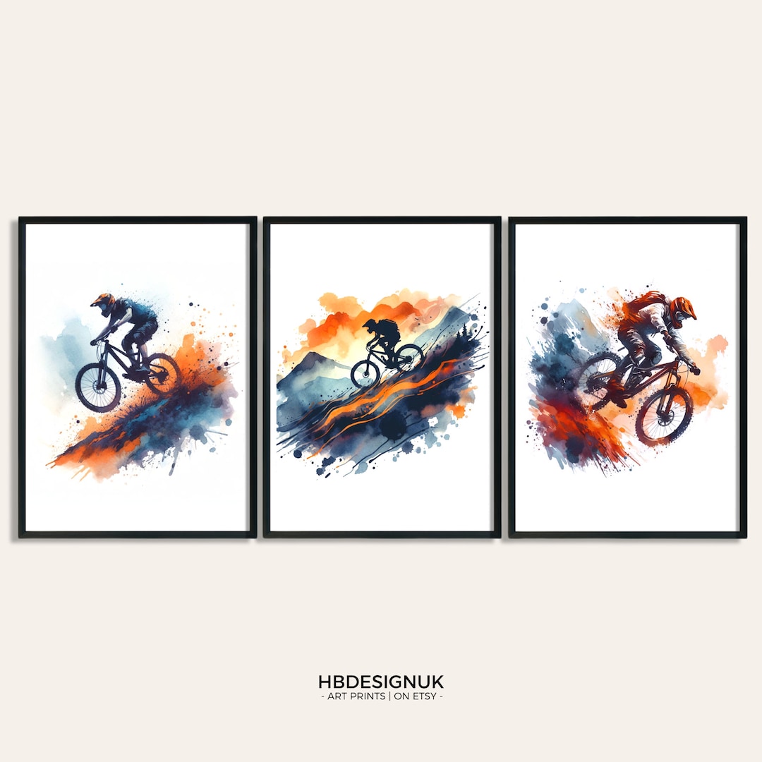 Mountain Biker Print Set - 3 Posters | Biker Wall Art | Watercolour ...