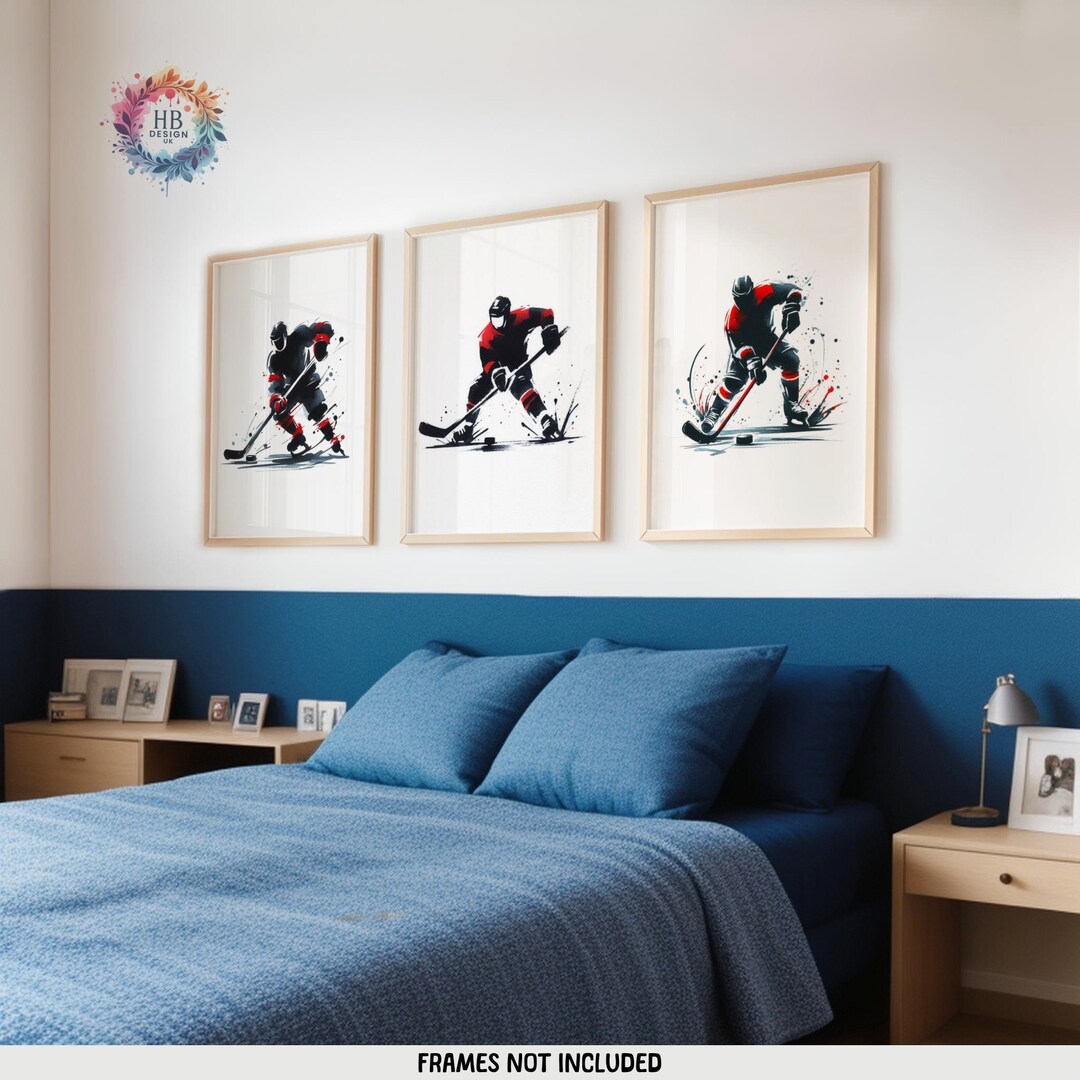 Ice Hockey Poster Set - 3 Prints | Red and Black | Watercolour Wall Art ...