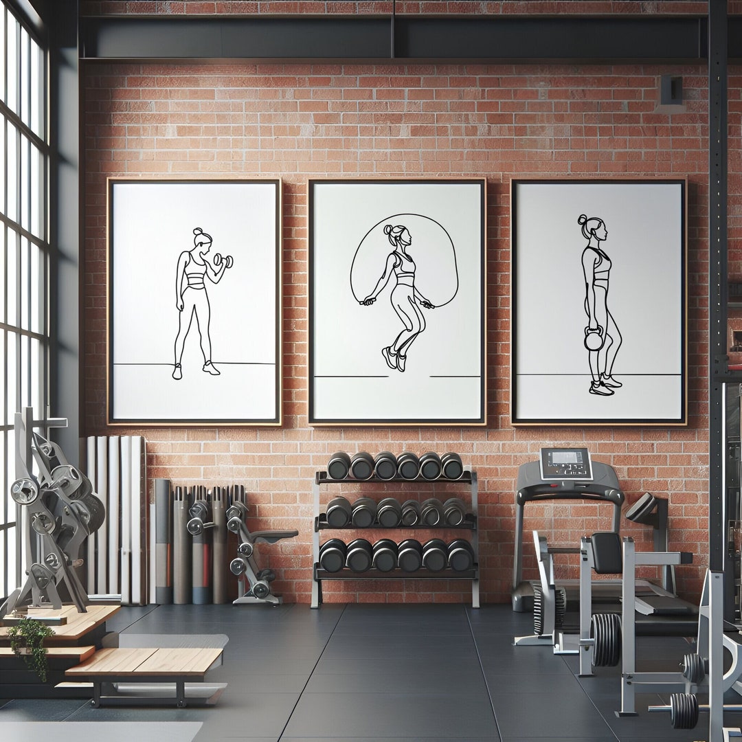 Gym Artwork Set 3 Home Gym Prints Line Drawing Design Fitness Girl ...