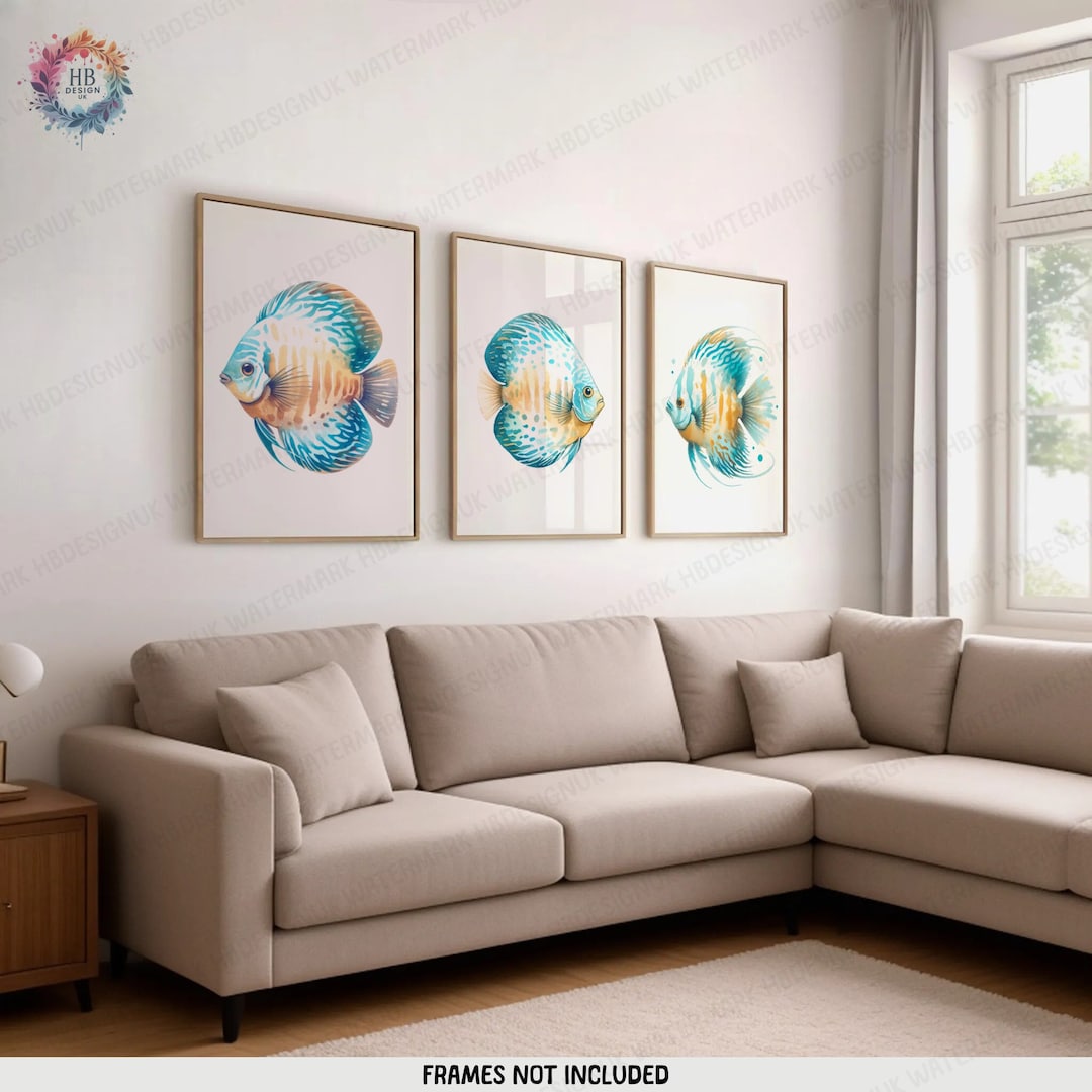 Discus Fish Print Set - 3 Watercolour Posters | Blue Painting Design ...