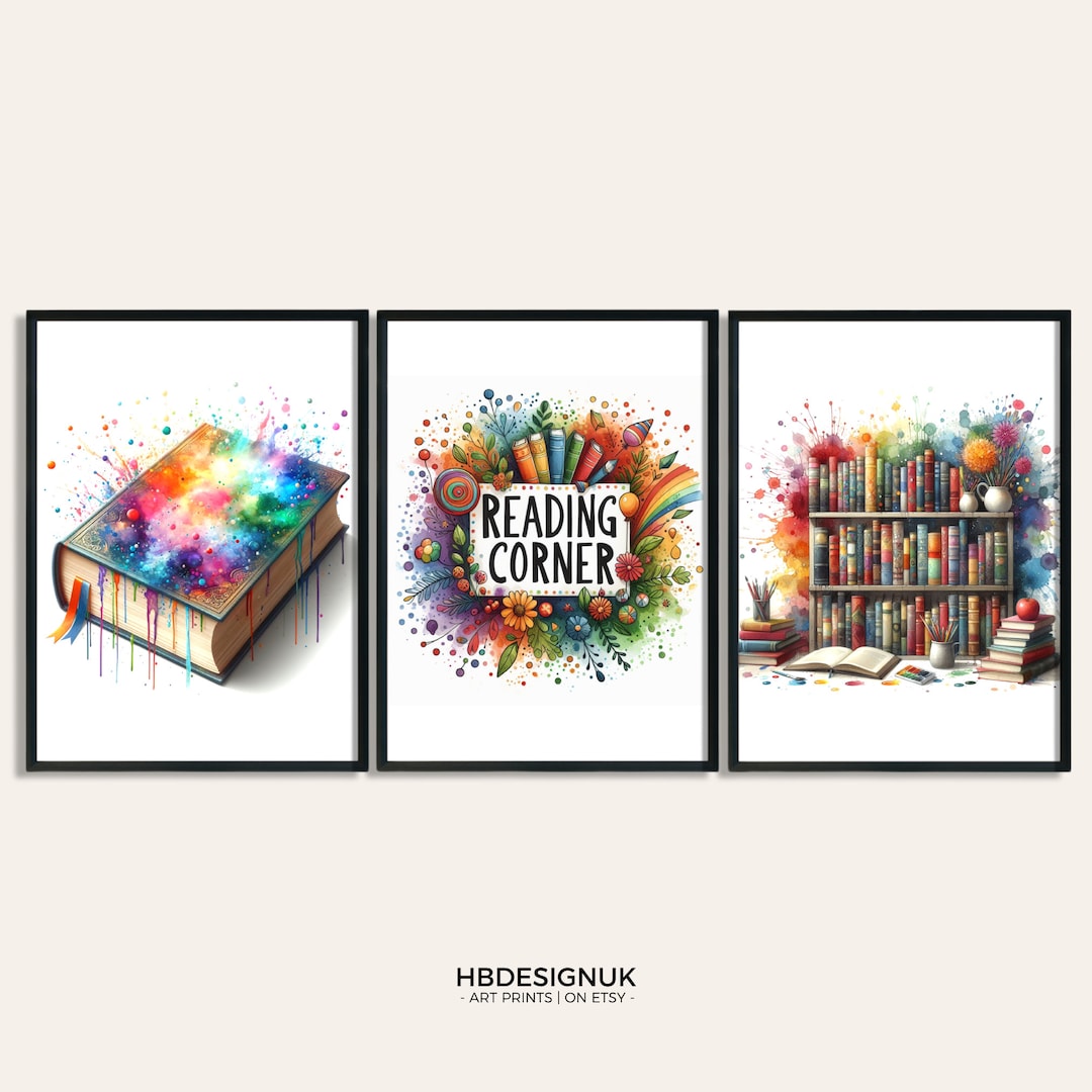 Reading Corner Art Poster Set - Set of 3 Prints | Watercolor Bookworm ...