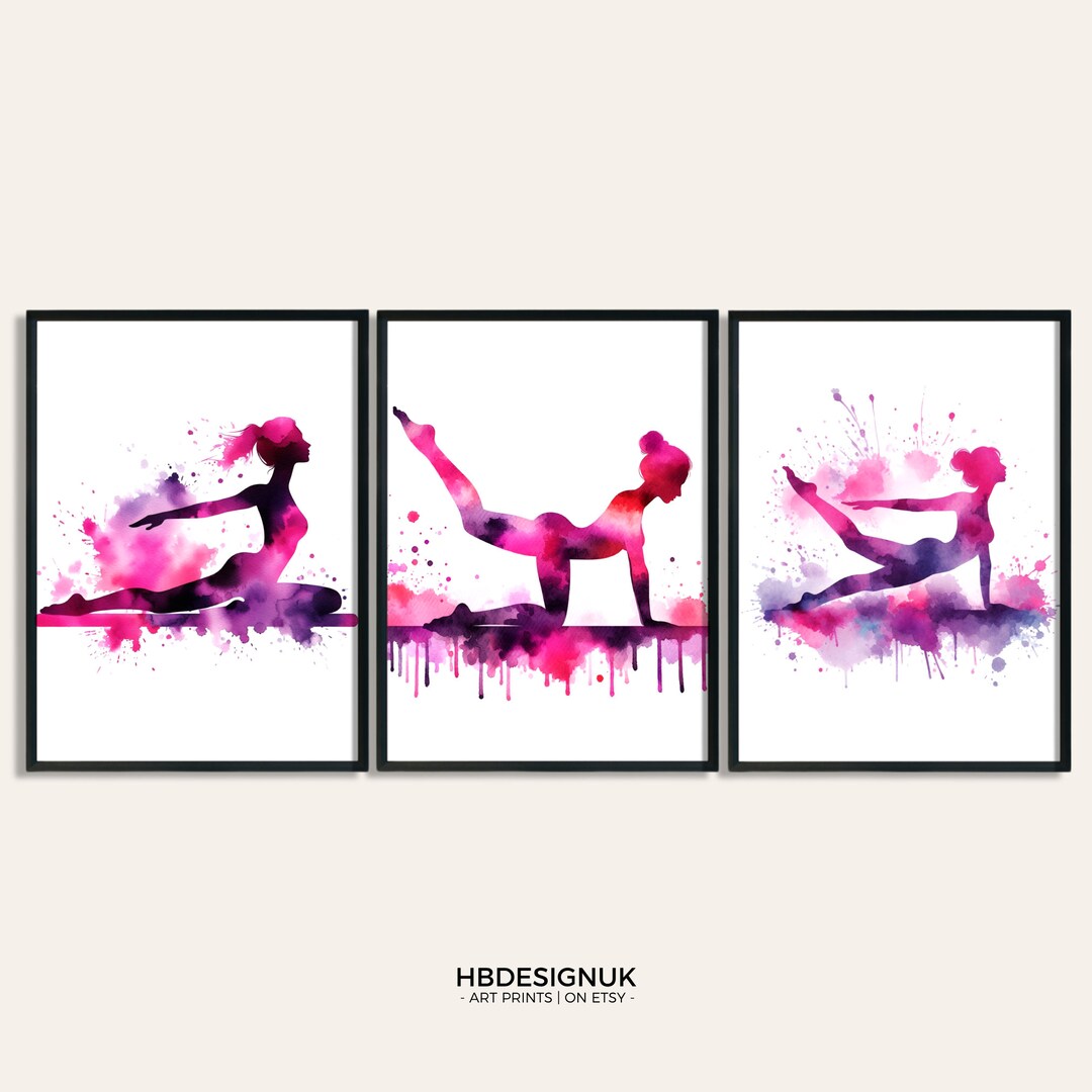 Pilates Poster Print - Set of 3 Wall Art | Pink Watercolor Painting ...
