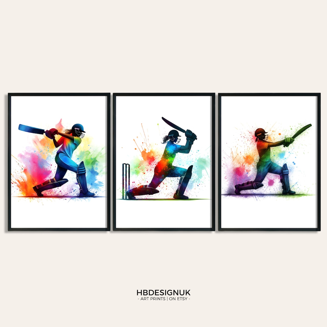 Girls Cricket Wall Art - Set of 3 Cricket Poster Prints | Pink ...