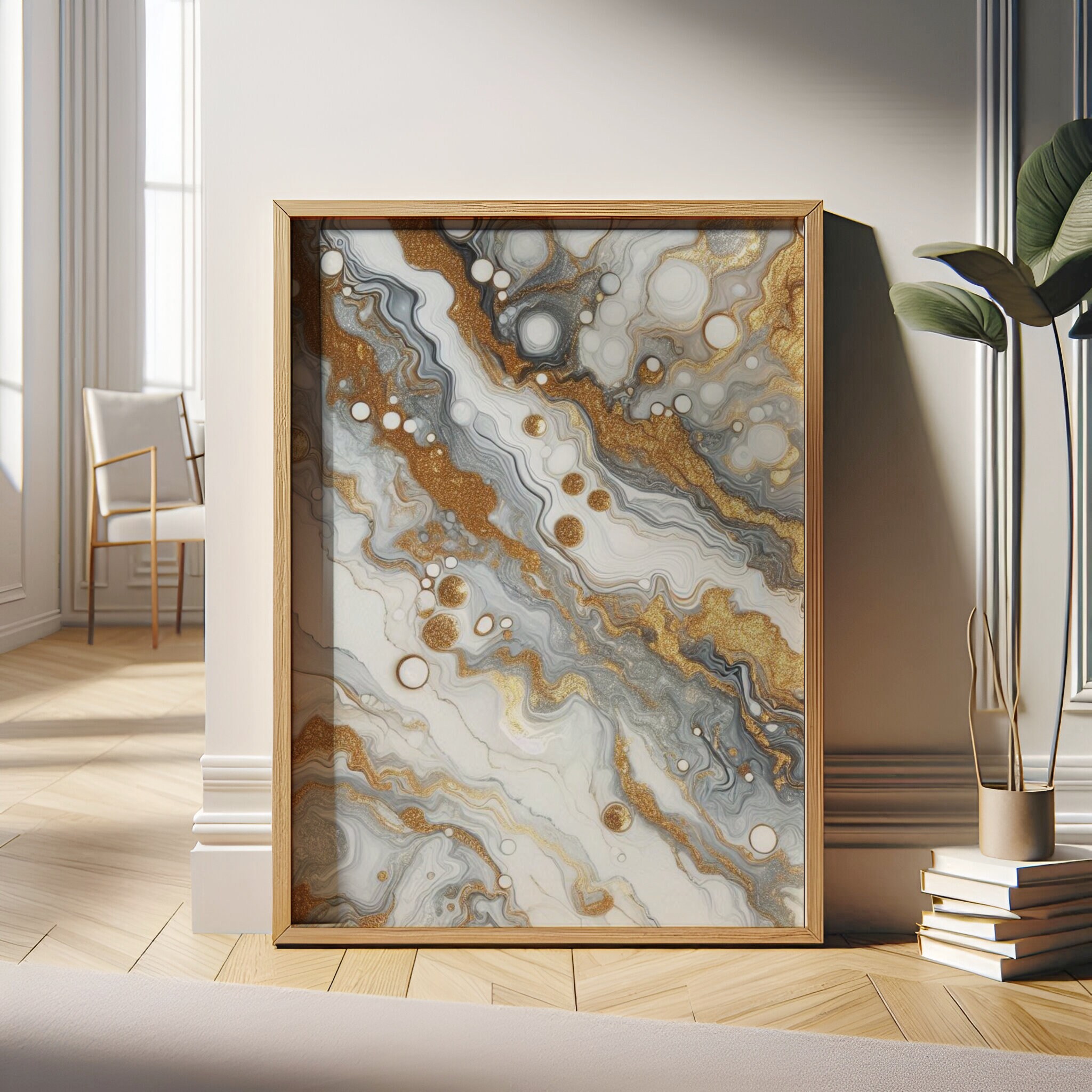 White & Gold Fluid Print Set Living Room Wall Art Home Decor Set of 3 ...
