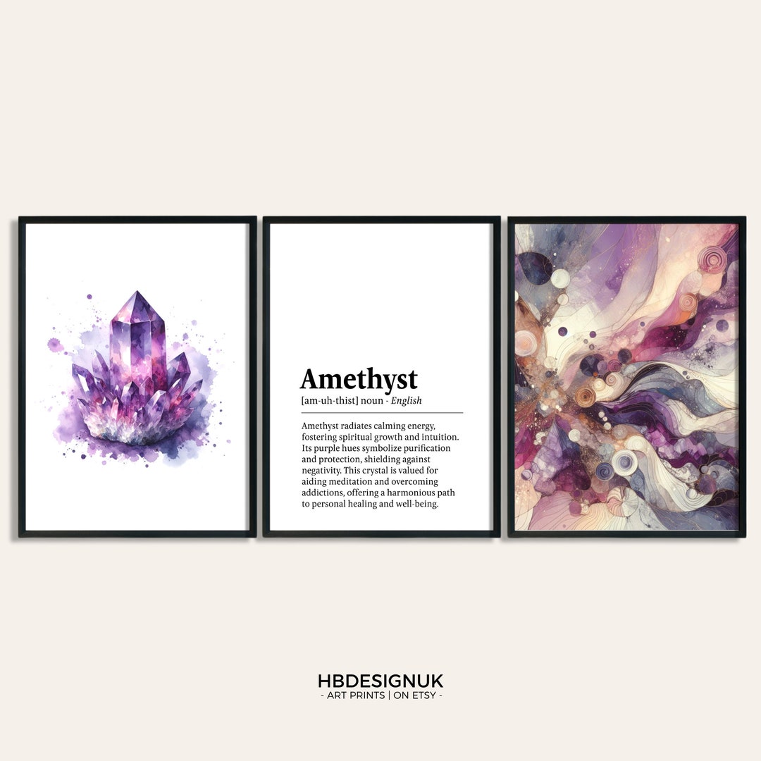 Amethyst Crystal Print - Set of 3 Posters | Watercolour Gemstone Print ...