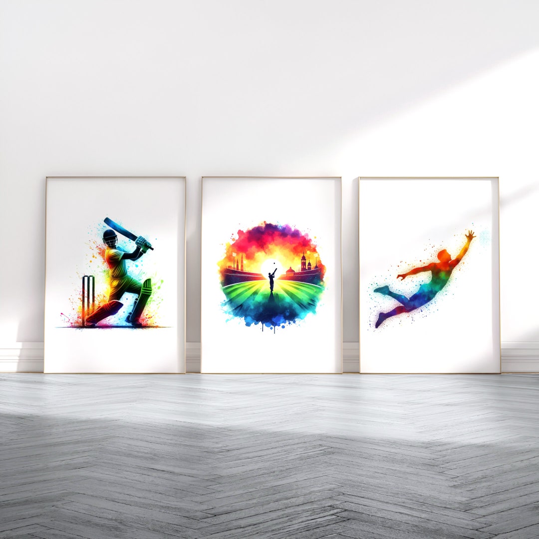 Cricket Wall Art Set - 3 Cricket Prints | Colourful Watercolour Cricket ...