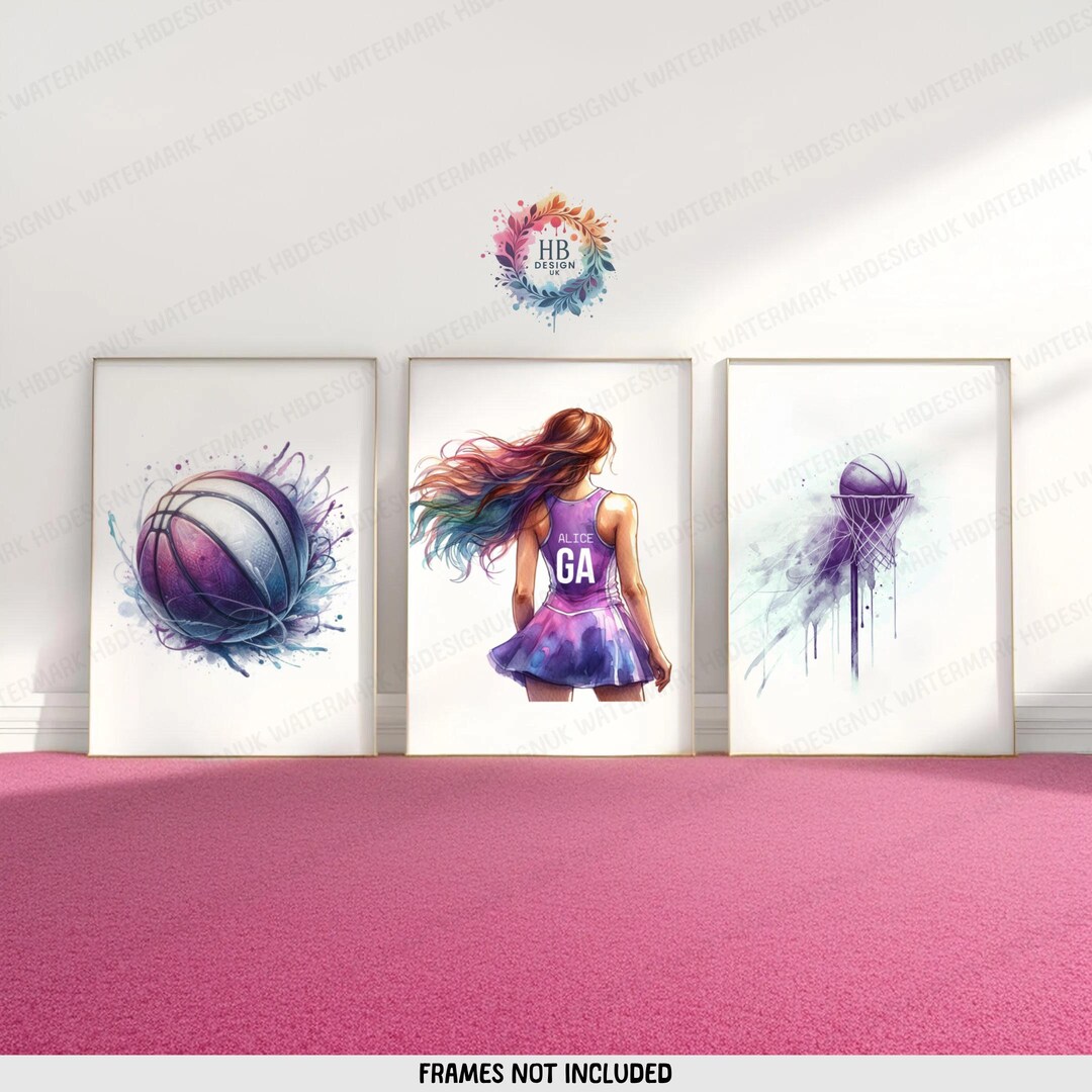 Personalised Netball Decor Set - 3 Netballer Prints | Purple Custom ...