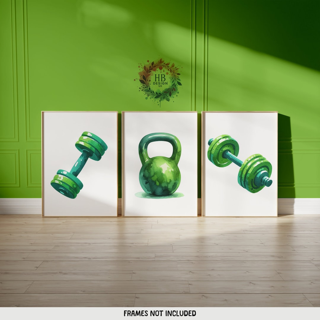 Green Home Gym Prints - 3 Fitness Posters | Minimalist Watercolour ...