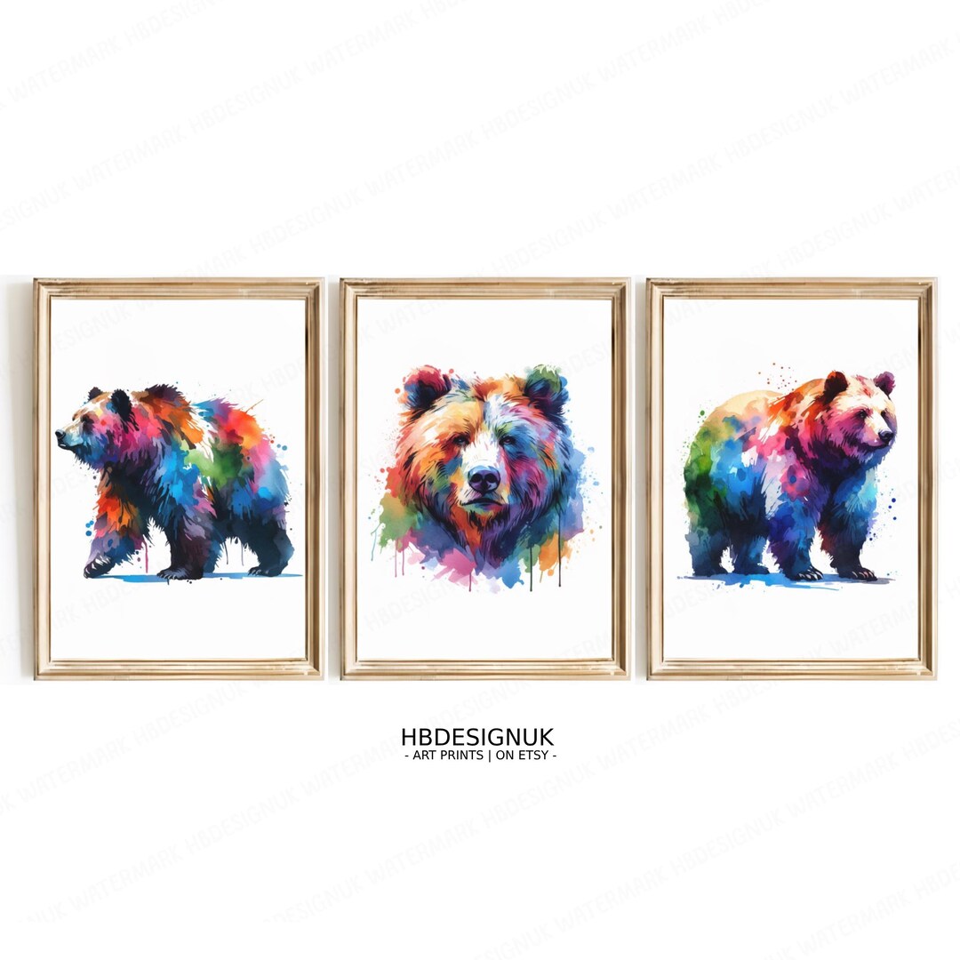 Bear Print Set - Watercolour Posters | Wildlife Painting | Grizzly Bear ...