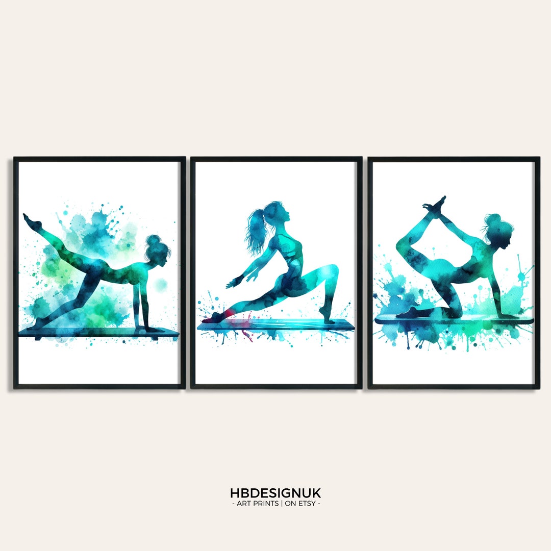 Pilates Studio Print - Set of 3 Wall Art | Blue Watercolor Painting ...