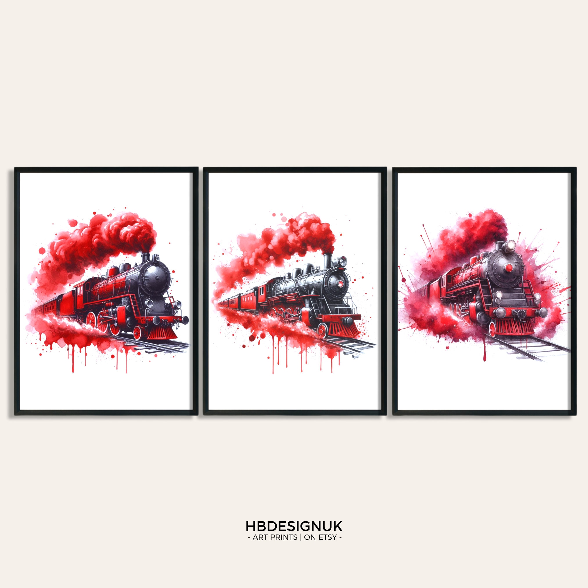 Red Train Prints - 3 Watercolour Posters | Boys Bedroom Artwork ...