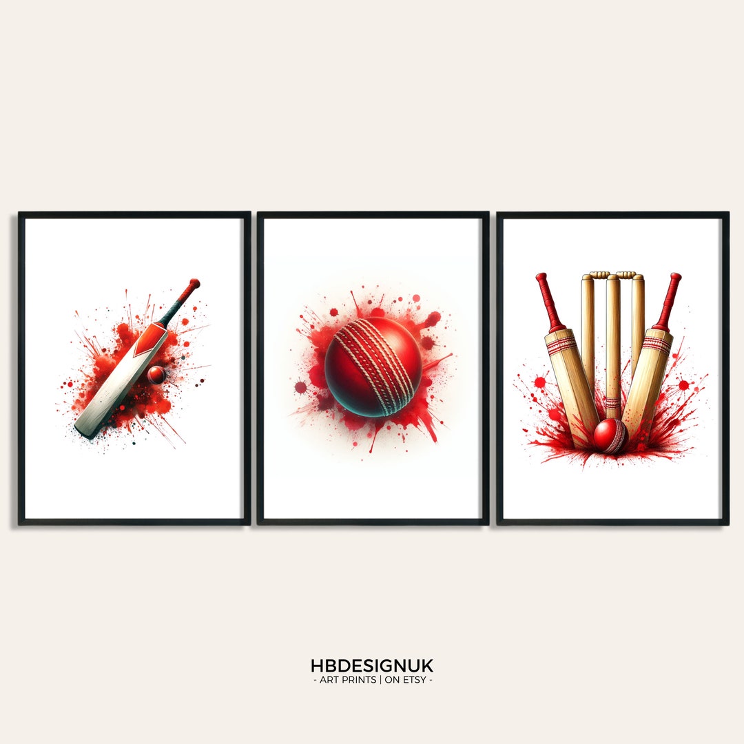 Cricket Wall Art - Set of 3 Cricket Poster Prints | Red Watercolour ...