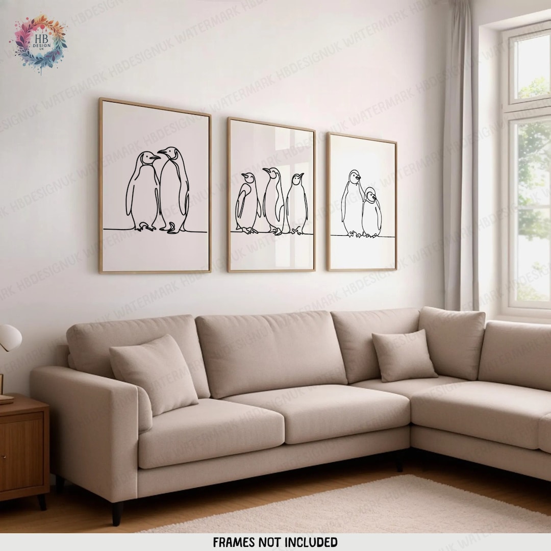 Minimal Penguin Prints - Set of 3 Posters | Line Drawing Decor Print ...