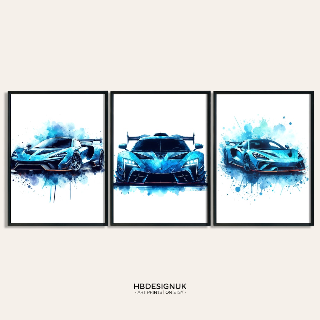 Blue Car Wall Art Set - Set of 3 Car Posters | Watercolour Painting ...