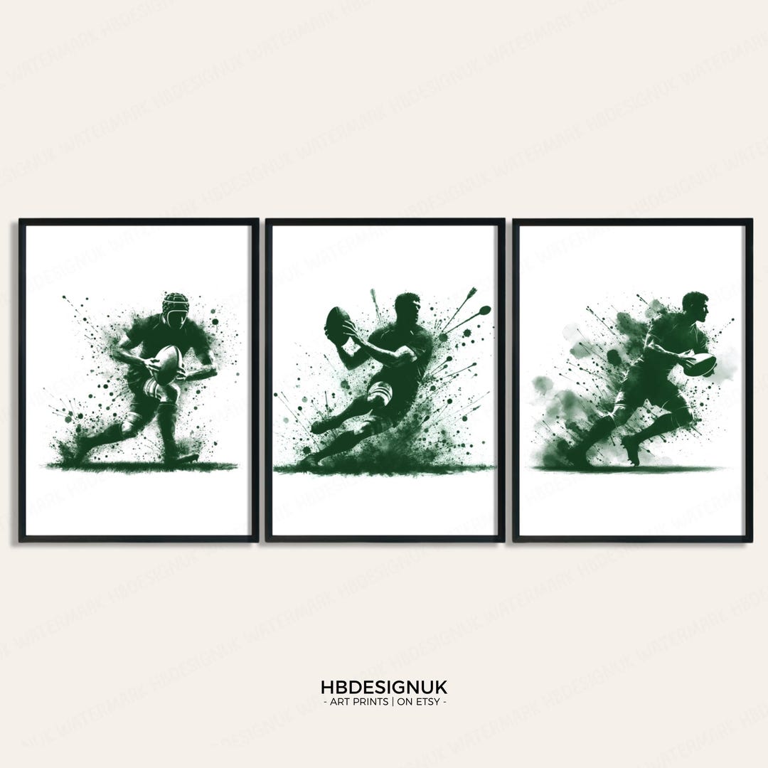 Rugby Player Prints - Set of 3 Green Posters | Boys Bedroom Decor | A4 ...