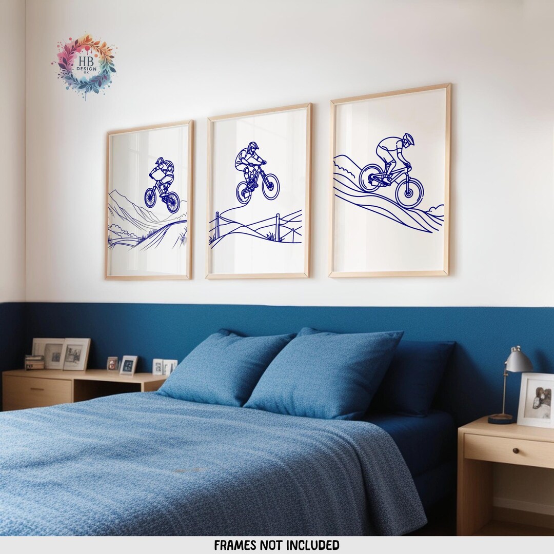 Navy Mountain Biking Prints - Set of 3 Posters | Biker Wall Art | Line ...