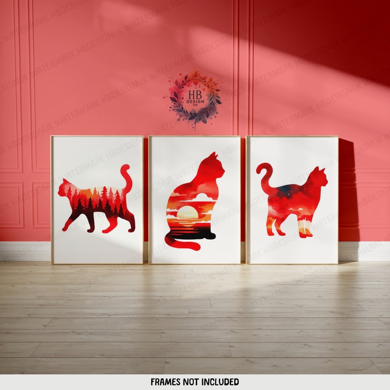 Red Cat Prints - Set of 3 Abstract Posters | Watercolour Artwork | Cats ...