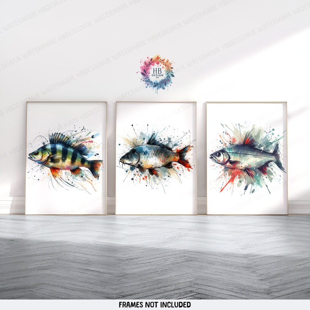 British Fishing Wall Art - Set of 3 Fish Prints | Fishing Gifts for Men ...