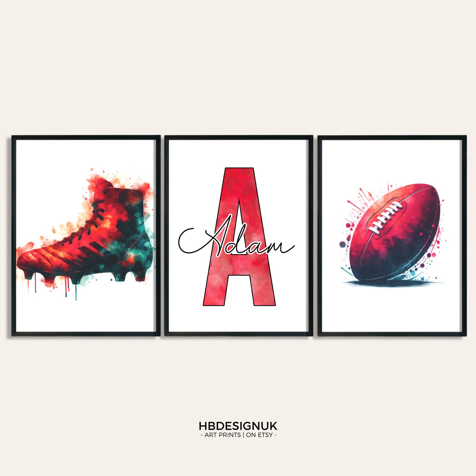 Custom Red Rugby Decor - 3 Rugby Prints | Personalised Boys Bedroom ...