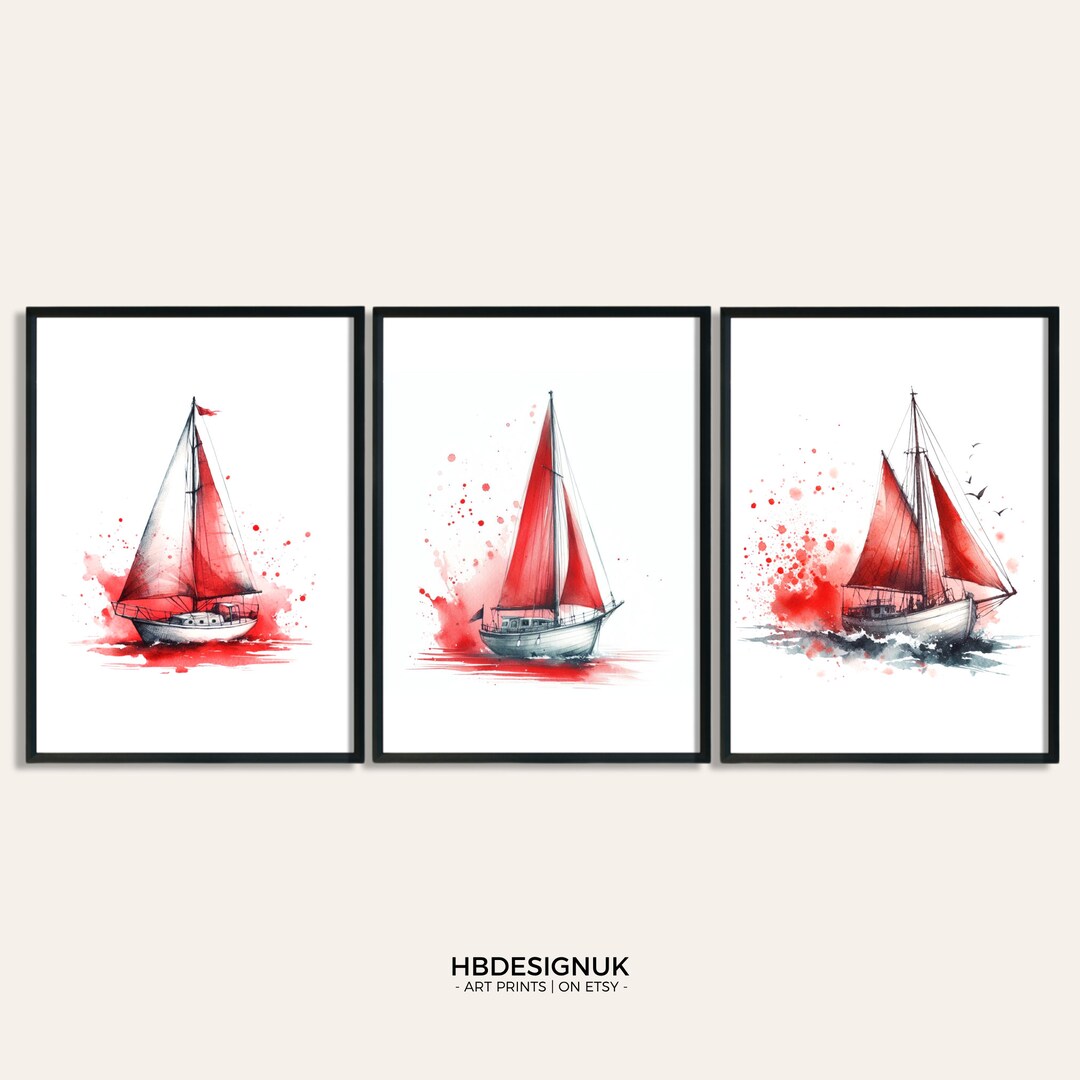Red Sailing Watercolour Prints - Set of 3 Sailing Posters | Sailor Gift ...