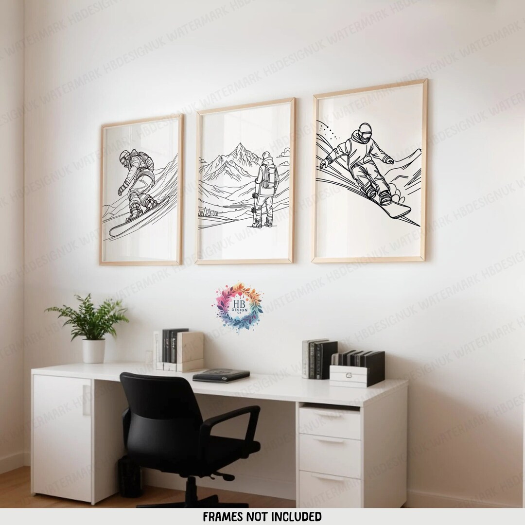 Minimal Snowboarding Line Art - Set of 3 Prints | Man Ski Gifts | Line ...