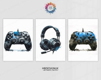 Video Game Wall Art, Gaming Wall Art Set of 3, Blue Gray Nursery Prints ...