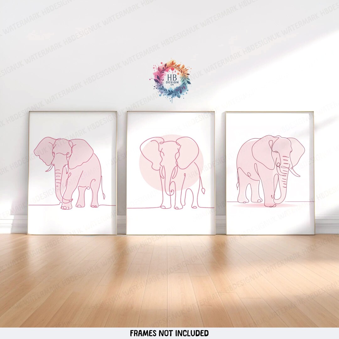 Minimal Pink Elephant Prints - Set of 3 Posters | Line Drawing Decor ...