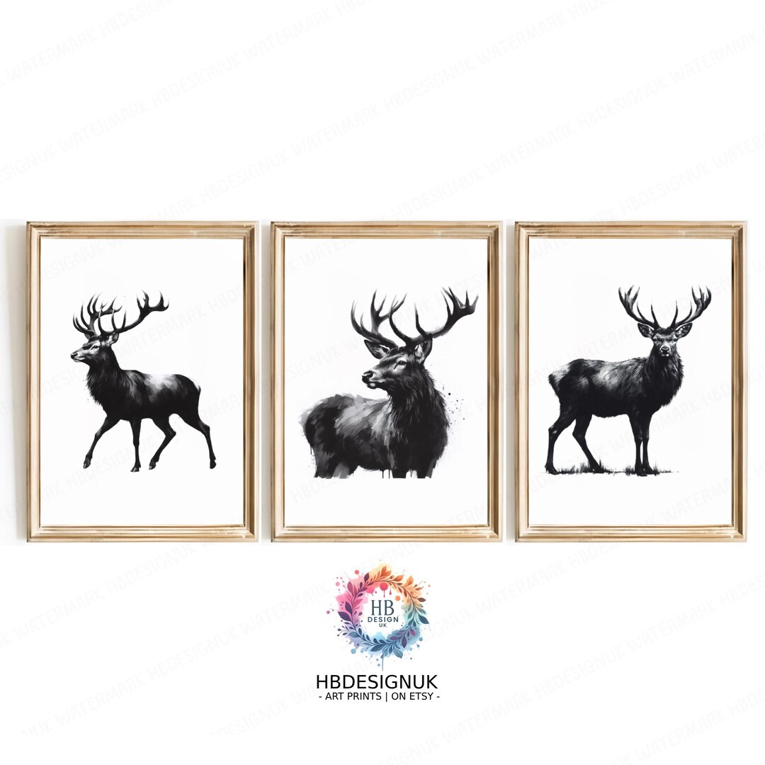 Stag Print Set - Black and White Prints | Stag Deer Artwork | Modern ...