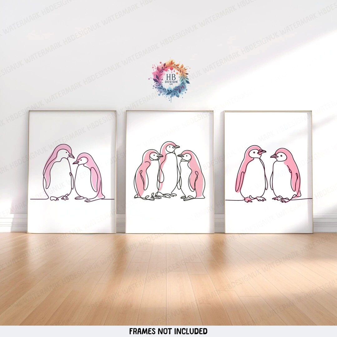 Pink Minimal Penguin Prints - Set of 3 Posters | Line Drawing Decor ...