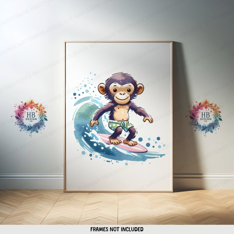Kids Surfing Monkey Wall Art - Set of 3 Posters | Children Surfer Wall ...