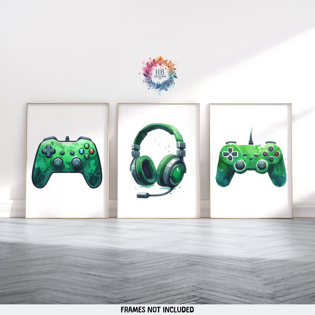 Green Gaming Print Set - 3 Gamer Posters | Boys Bedroom Decor | Gift ...