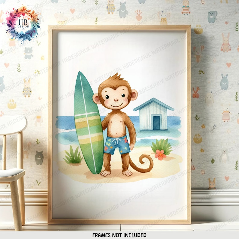 Kids Surfing Monkey Wall Art - Set of 3 Posters | Children Surfer Wall ...
