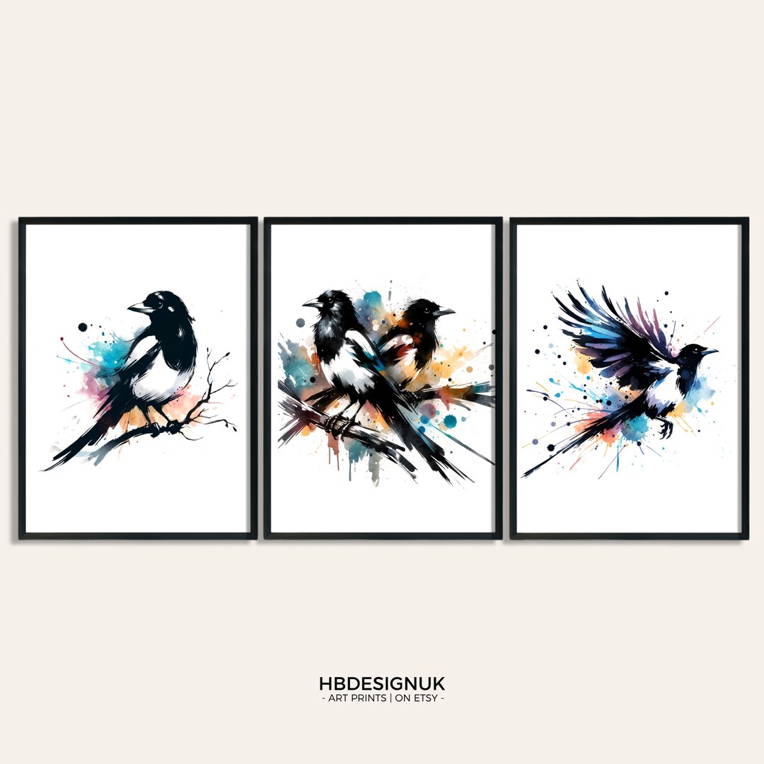 Magpie Print Set - 3 Magpies Posters | Watercolour Bird Prints | Wall ...
