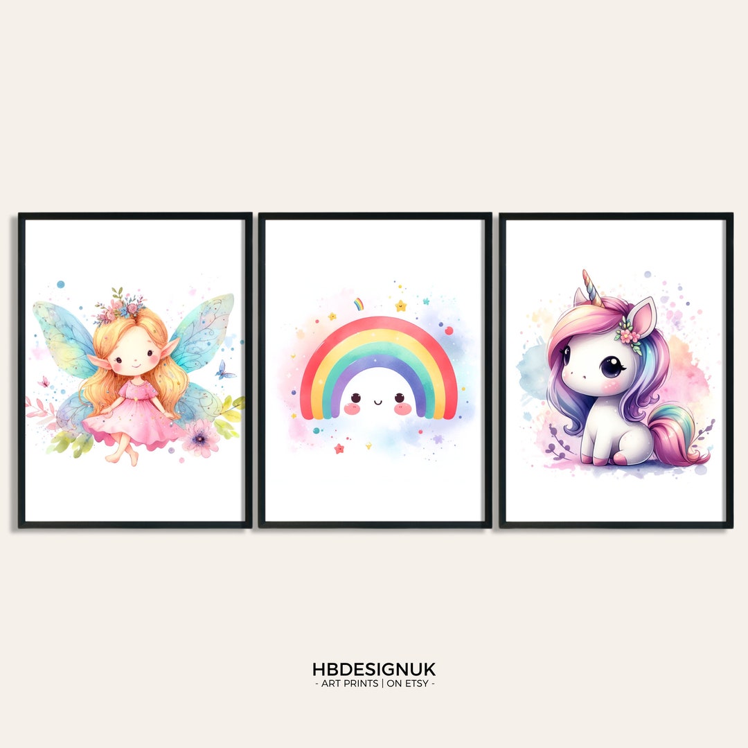 Fairy Rainbow Unicorn Poster Set - Set of 3 Prints | Bedroom Decor for ...