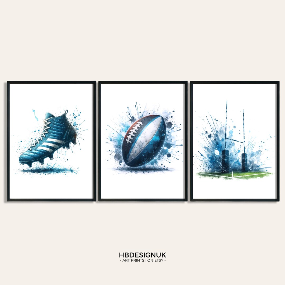 Blue Rugby Print Posters - Set of 3 Rugby Room Prints | Boys Bedroom ...