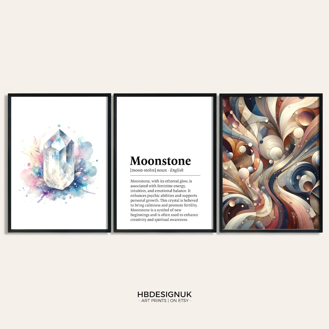 Moonstone Crystal Print - Set of 3 Posters | Watercolour Gemstone Print ...