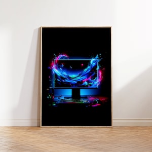Neon Blue Gamer Print Poster Set of 3 Gaming Prints Game Bedroom Decor ...