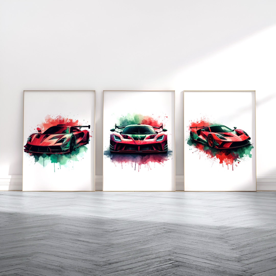 Kids Supercar Poster Set - 3 Car Prints | Watercolour Painting | Boys ...