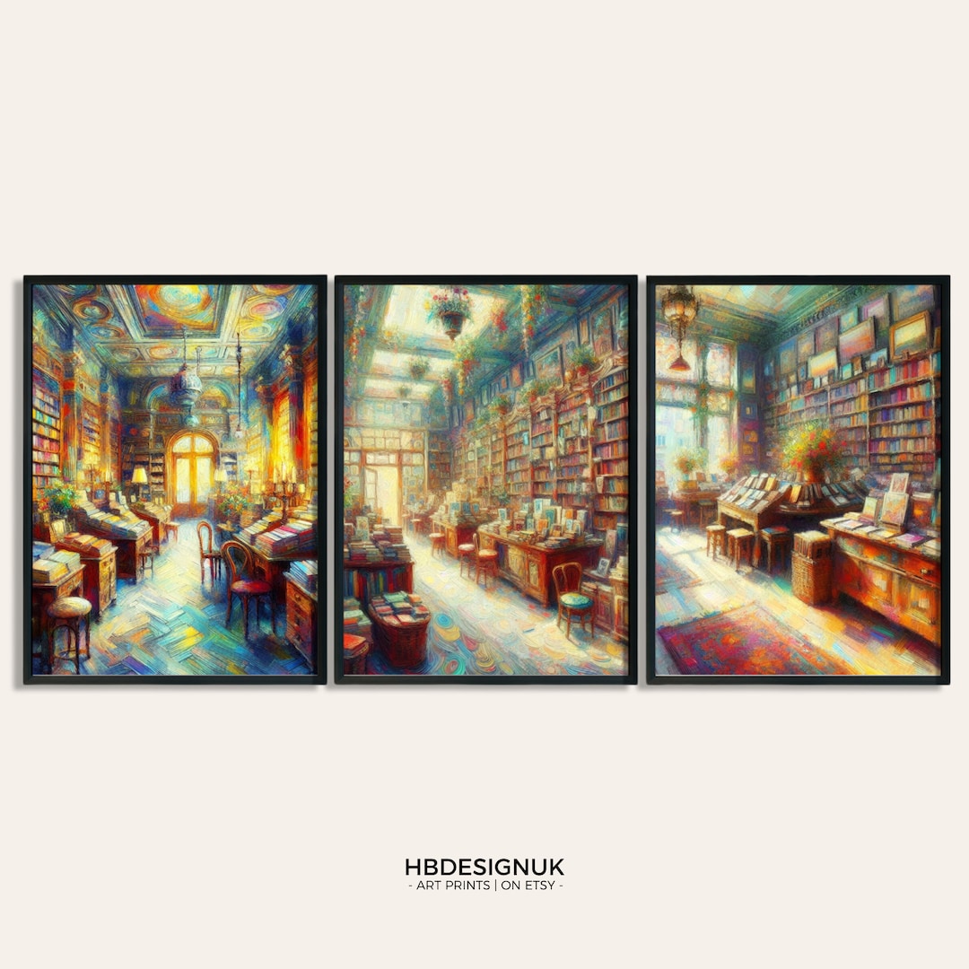 Vintage Library Wall Art - Set of 3 Posters | Book Reading Design ...