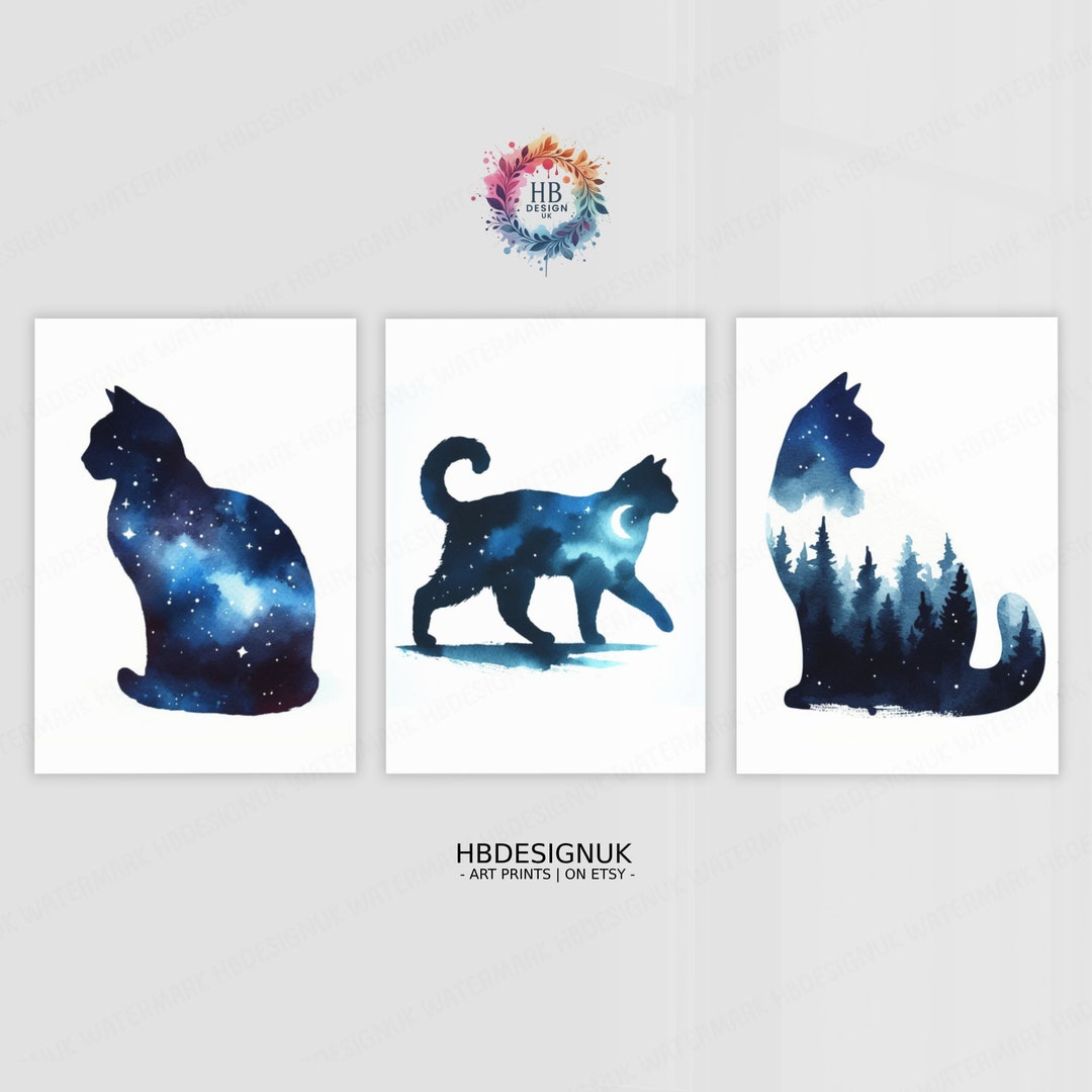 Blue Cat Prints - Set of 3 Abstract Posters | Watercolour Artwork ...