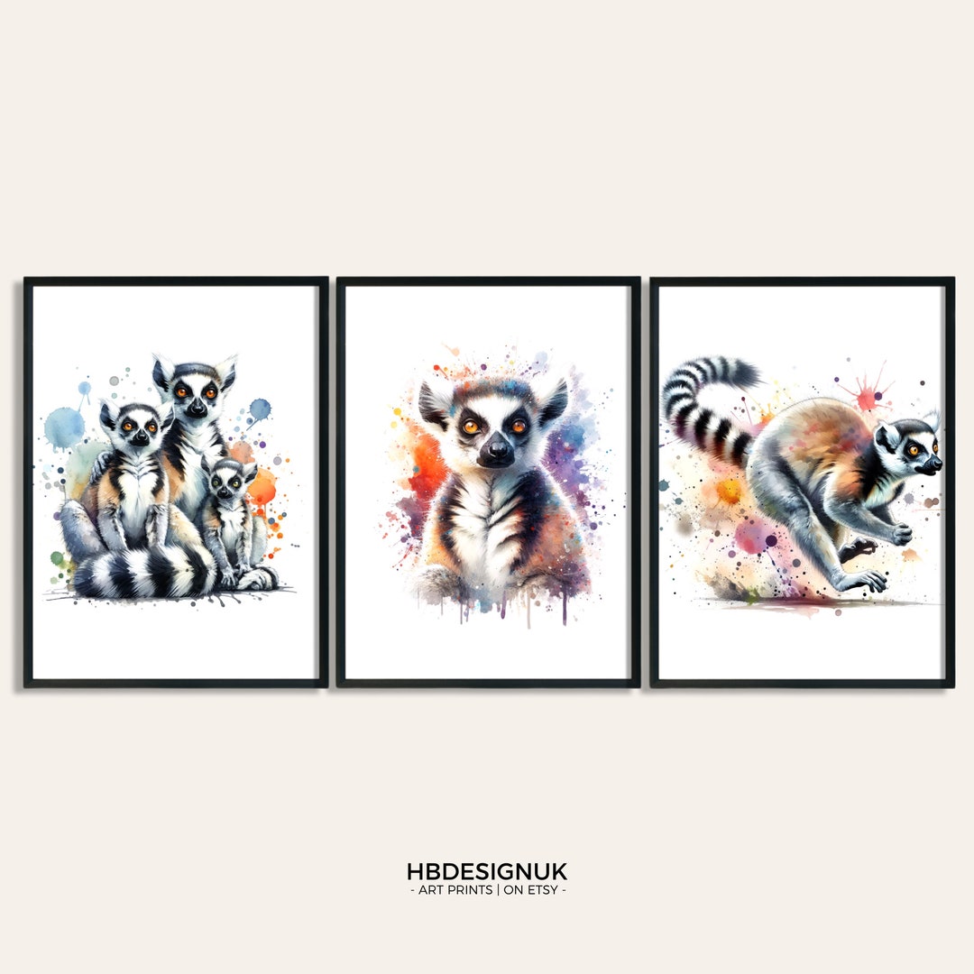 Lemur Prints Posters - Set of 3 Paintings | Watercolour Lemur Prints ...