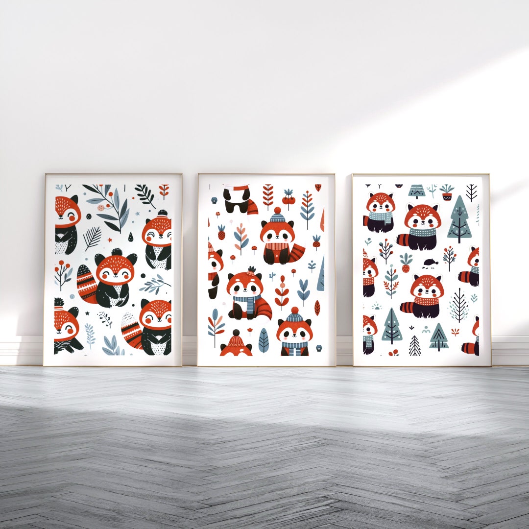 Red Panda Print Set - 3 Scandinavian Style Artwork | Retro Wall Art ...