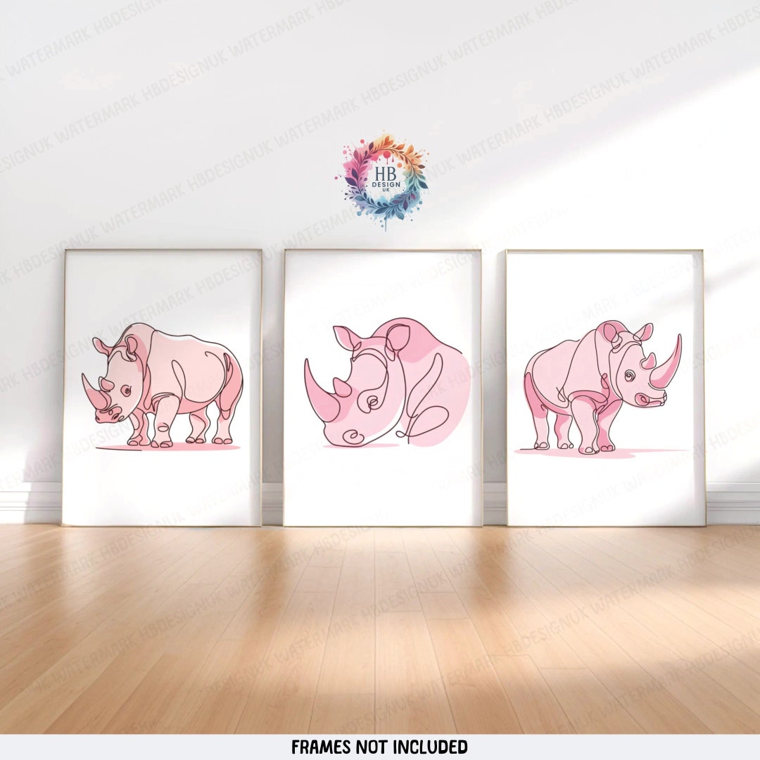Pink Minimal Rhino Prints - Set of 3 Posters | Line Drawing Decor Print ...