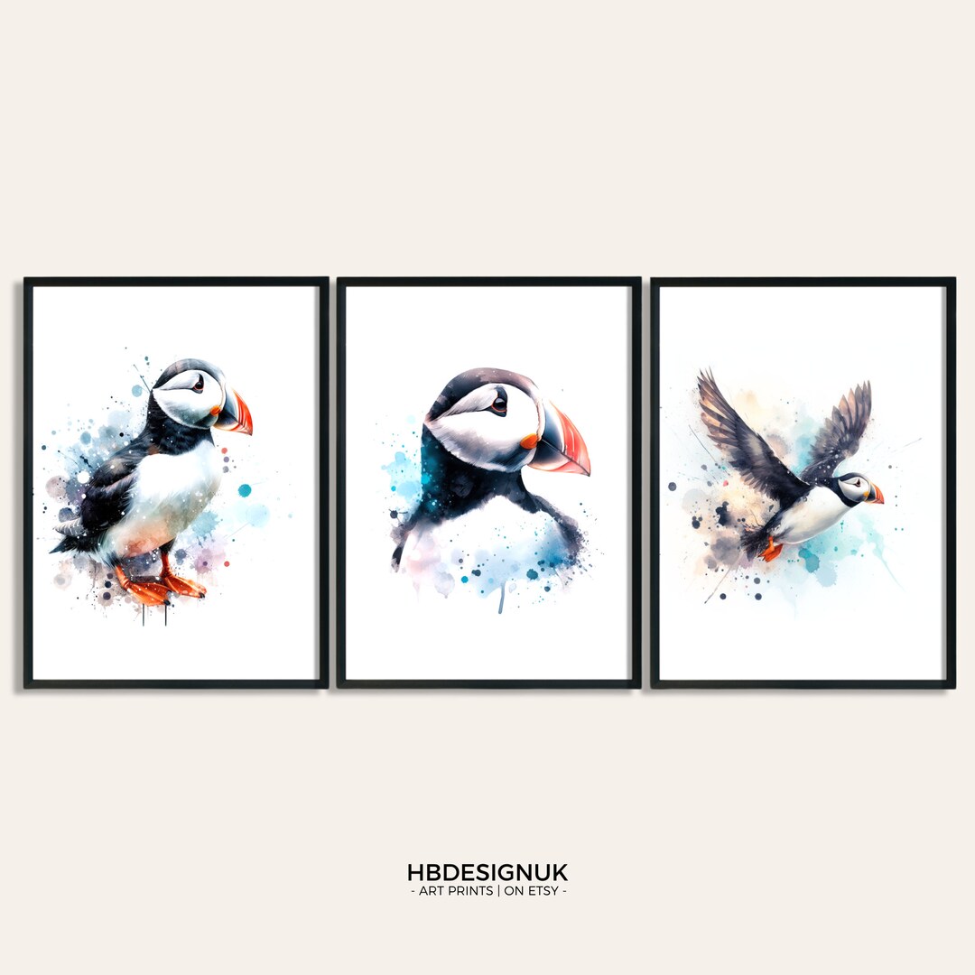 Puffin Poster Set - Set of 3 Prints | Watercolor Puffins Painting ...